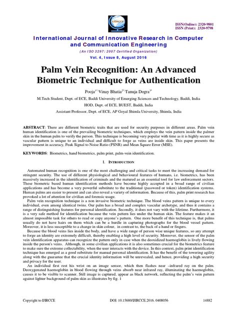 Palm Vein Recognition An Advanced Biometric Technique For Authentication Pdf Artificial
