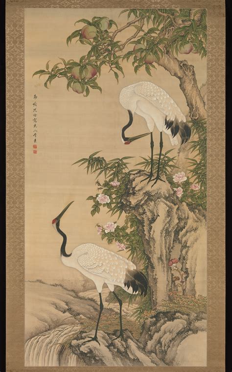After Shen Quan Cranes Peach Tree And Chinese Roses China Qing Dynasty The Met