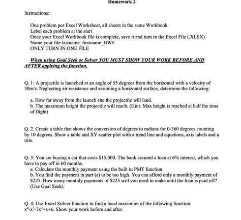 Homework 2 Instructions One Problem Per Excel Chegg Com