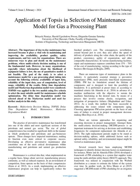 Application Of Topsis In Selection Of Maintenance Model For Gas A Processing Plant Pdf