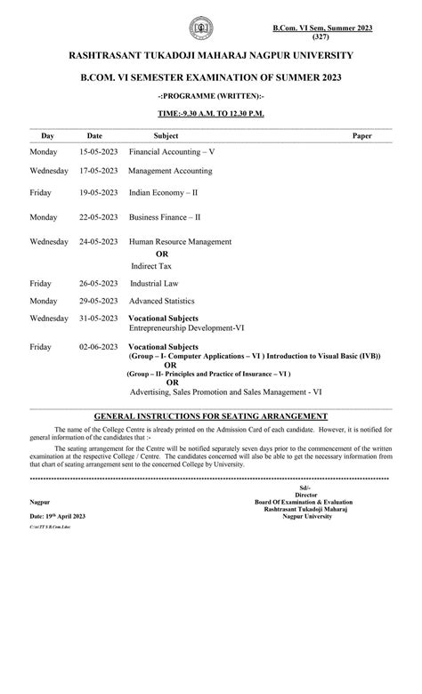 rtmnu bcom ba time table 2023 university