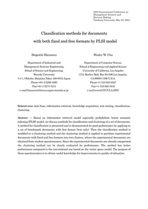 PDF Classification Methods For Documents With Both Fixed And Free Formats By PLSI Model