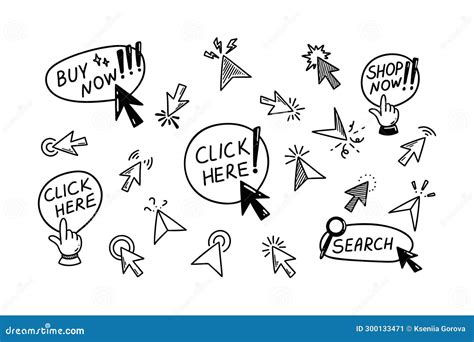 Doodle Click Icon Set Hand Drawn Mouse Cursor Press Here Tap Button