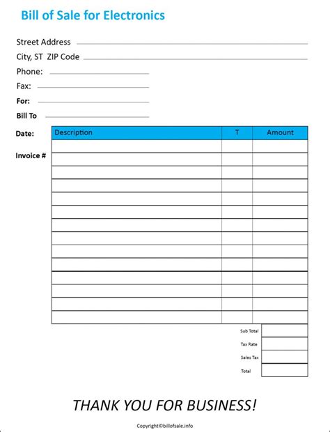 Printable Free Bill Of Sale For Electronics Template