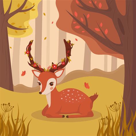 Cute Baby Deer In The Forest With Trees And Butterflies 12510166 Vector