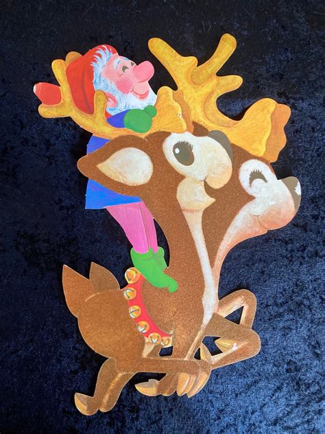 Vintage 1960s Christmas Decorations Cardboard Die Cut Felted Reindeer