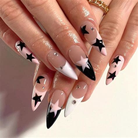 Star Press On Nails Medium Almond Fake Nails French Tip False Nails