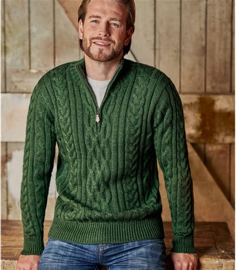 Dark Forest Mens Pure Wool Aran Cable Zip Neck Knitted Sweater