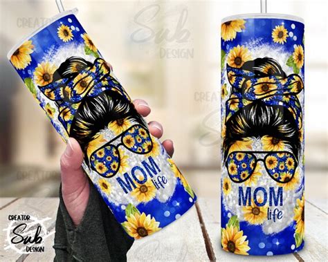 Sunflower Mom Life Tumbler Royal Blue Glitter Print Flower Etsy