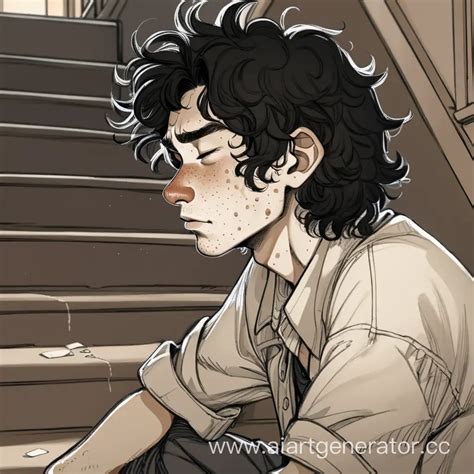 Freckled Man Resting Under Stairs With Eyes Closed Ai Art Generator