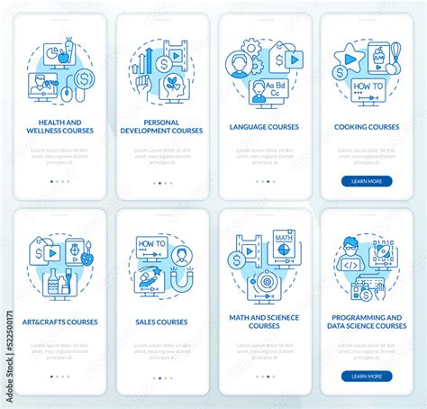Online Education Fields Blue Onboarding Mobile App Screen Set Walkthrough 4 Steps Editable