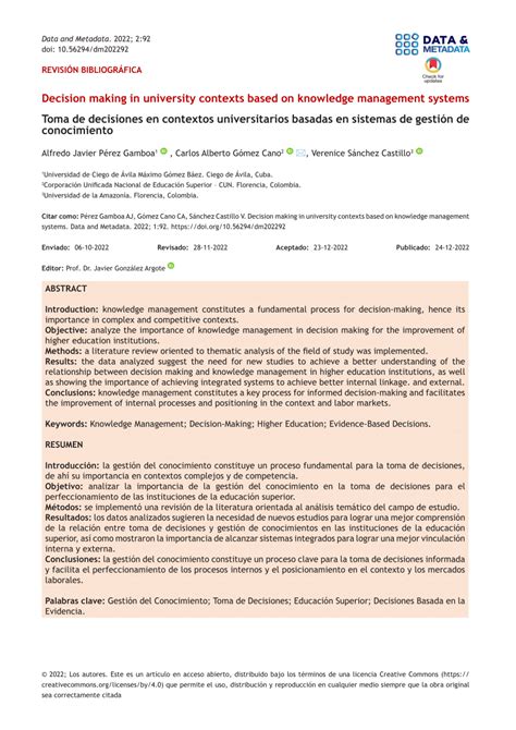 Pdf Decision Making In University Contexts Based On Knowledge Management Systems