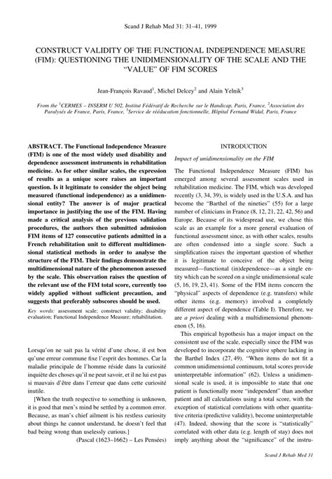 Pdf Construct Validity Of The Functional Independence Measure Fim