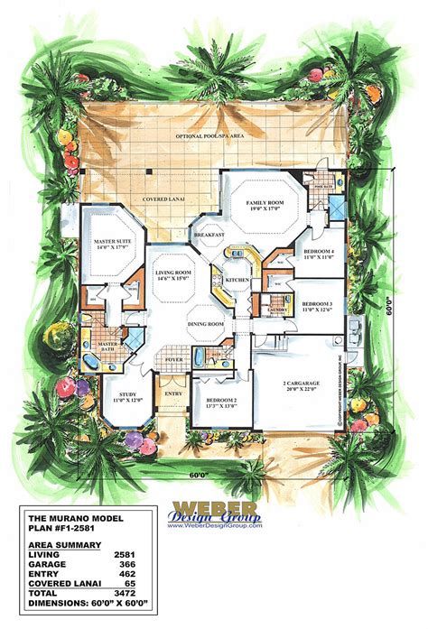 Mediterranean House Plan One Story 2 Car Garage Covered Lanai