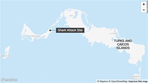 英領タークス・カイコス諸島。黒丸は女性がサメに襲われた現場地域 Jp