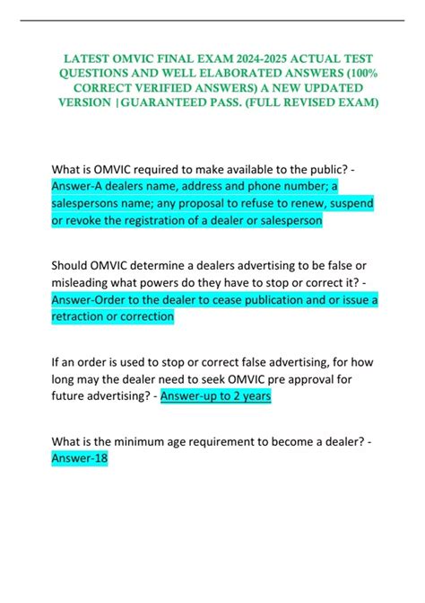 Latest Omvic Final Exam Actual Test Questions And Well Elaborated Answers 100 Correct Verified