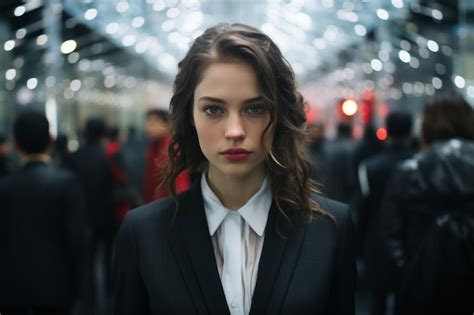 Premium Photo A Woman In A Suit And Tie Standing In Front Of A Crowd