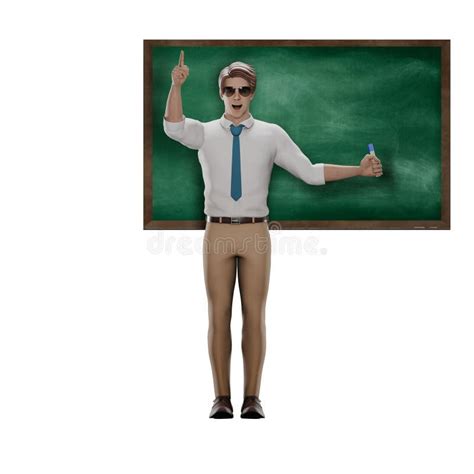 Male Teacher Is Standing In Front Of A Blackboard With His Right Hand