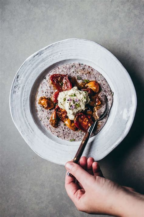 Herbed Polenta With Balsamic Roasted Tomatoes And Macadamia Ricotta