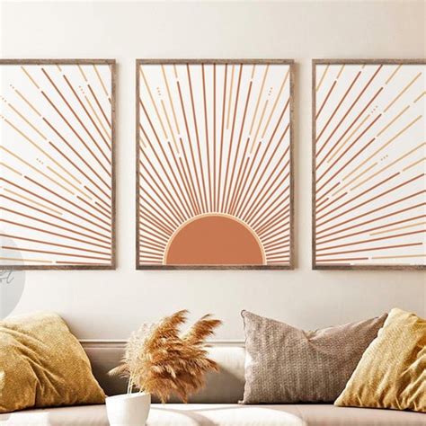 Boho Print Set Of 3 Sun And Moon Wall Decor Mid Century Etsy