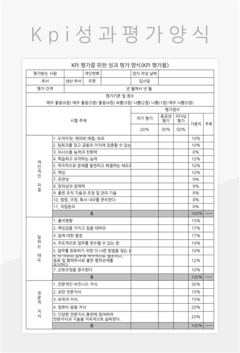 직원 성과 평가 Kpi 평가 양식 엑셀 Excel 및 구글 스프레드 시트 무료 다운로드 Slidesdocs