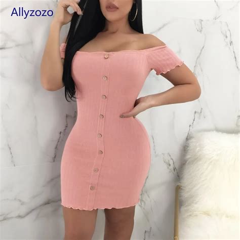 Women Sexy Off Shoulder Knitted Button Dresses Ladies Short Sleeve