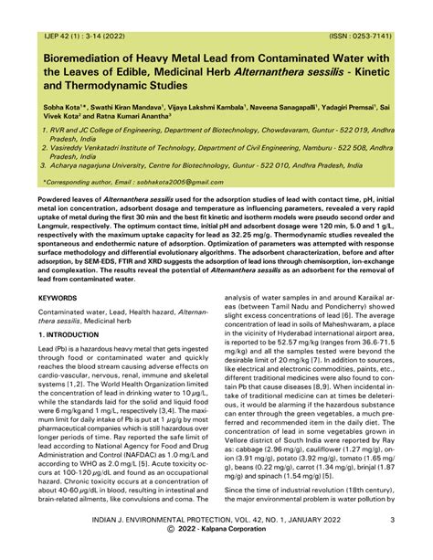 Pdf Bioremediation Of Heavy Metal Lead From Contaminated Water With A
