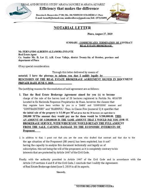 Notarial Letter To Nullify Contract Due To Rescission Pdf Civil