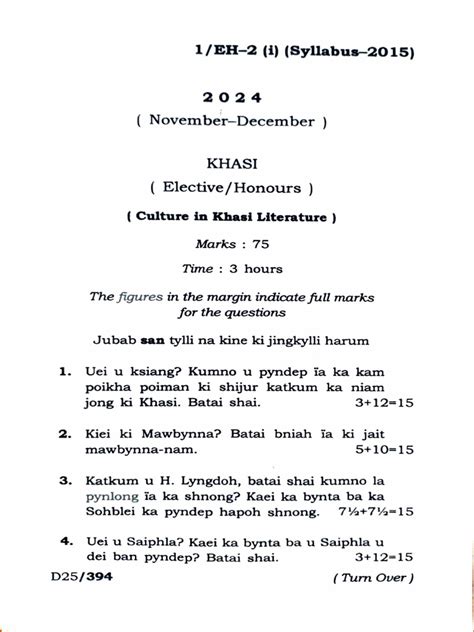 Khasi Literature Culture Syllabus 2024 Pdf