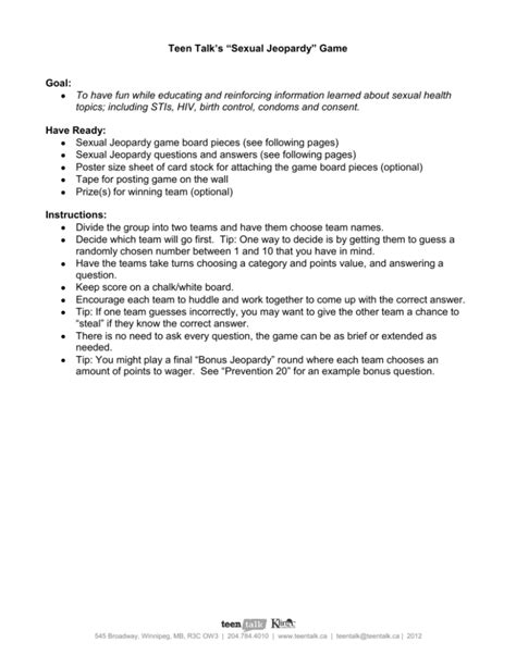 Sexual Jeopardy Game Teen Sexual Health Education