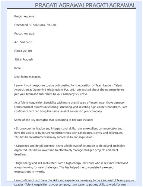 Cover Letter For Team Leader Talent Acquisition LazyApply