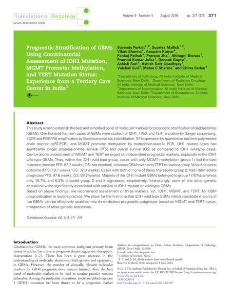 Pdf Prognostic Stratification Of Gbms Using Combinatorial Assessment