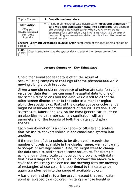 One Dimensional Data DATA VISUALIZATION Topics Covered 1 One