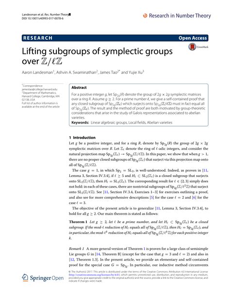 Pdf Lifting Subgroups Of Symplectic Groups Over