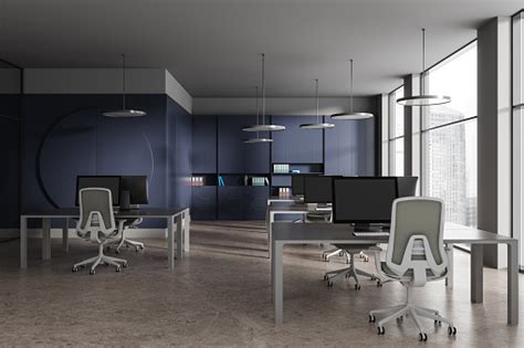 Pc 컴퓨터와 안락의자 선반과 창문이 있는 파란색 비즈니스 인테리어 0명에 대한 스톡 사진 및 기타 이미지 0명 3차원 형태 가구 Istock