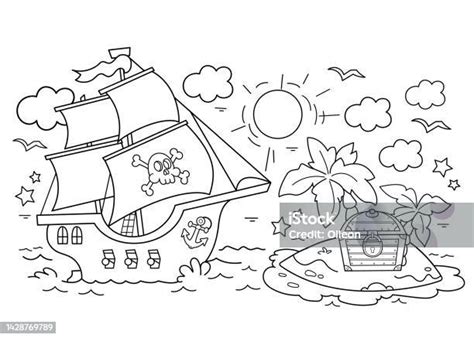 색칠 공부 페이지 보물 섬과 만화 해적선의 개요 바다에 두개골이있는 검은 돛이있는 범선 아이들을위한 색칠 공부 책 0명에 대한 스톡 벡터 아트 및 기타 이미지 Istock