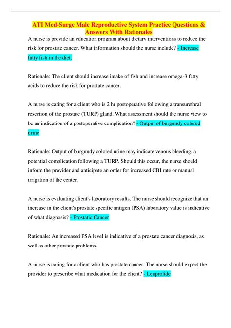 Ati Med Surge Male Reproductive System Practice Questions And Answers With Rationales Ati Med