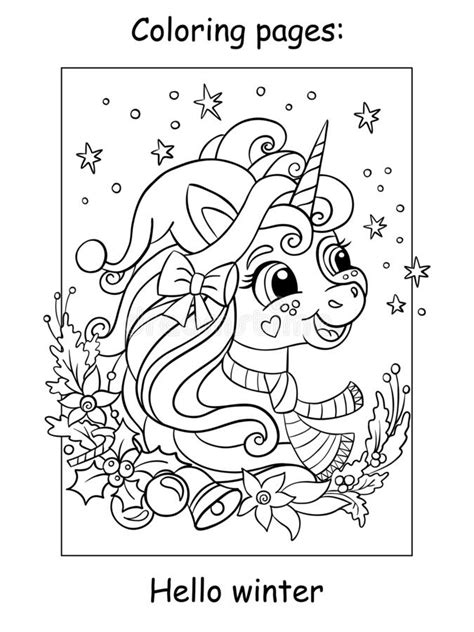 Página Del Libro De Colorido Linda Cabeza Graciosa De Unicornio Con Corona De Navidad