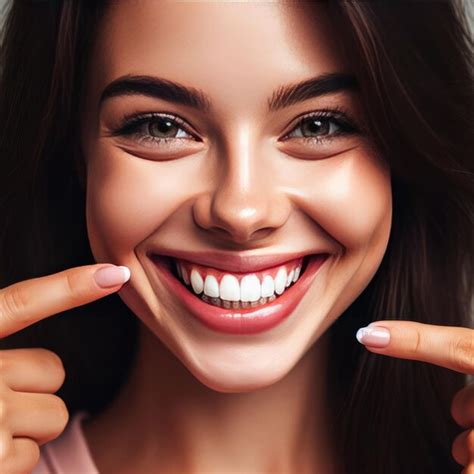 Premium Photo Happy Girl Pointing Fingers At White Perfect Smile
