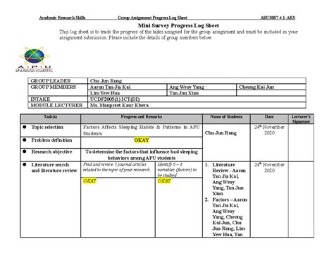 T2 G1 Ars Group Assignment Progress Log Sheet Academic Research Skills Group Assignment