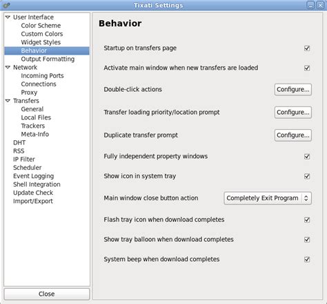 Settings User Interface Behavior Tixati