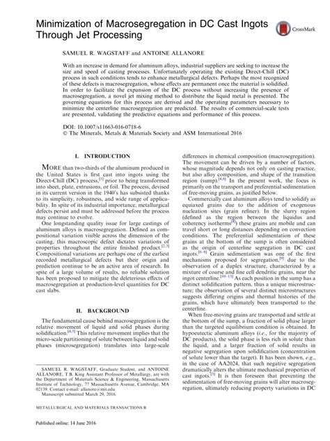 Pdf Minimization Of Macrosegregation In Dc Cast Ingots Through Jet