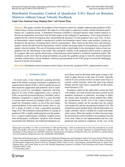 Pdf Distributed Formation Control Of Quadrotor Uavs Based On Rotation Matrices Without Linear