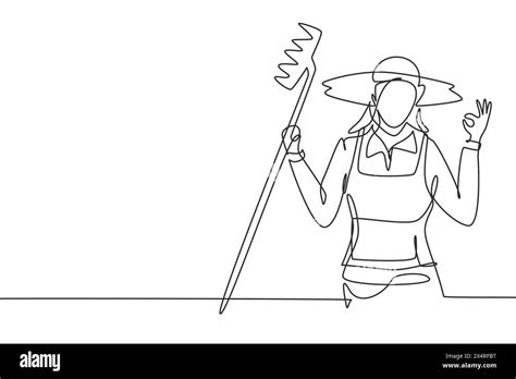 Continuous One Line Drawing Female Farmer With Gesture Okay Wearing