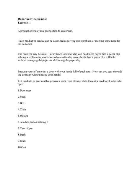 Opportunity Recognition Exercise 1 And 2 Opportunity Recognition