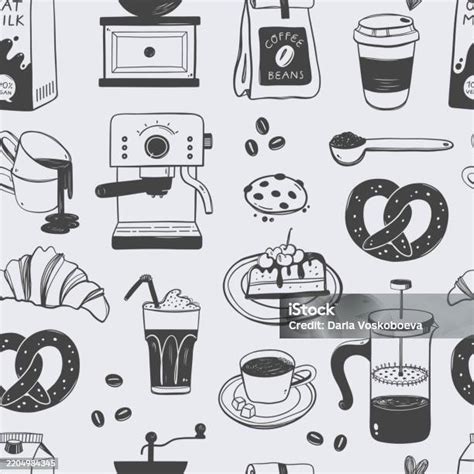베이커리와 커피 완벽 한 패턴입니다 덮개 디자인 음식 포장 메뉴 벽 다방 개체 그룹에 대한 스톡 벡터 아트 및 기타 이미지