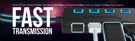 SABRENT 4 Port USB 3 0 Hub With Individual LED Lit Power Switches Includes 5V 2 5A Power