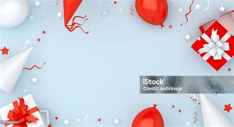 인도네시아 의 해피 독립 기념일 장식 배경 인사말 카드 배너 템플릿 전단지 풍선 별과 리본 선물 상자 파란색파티 모자 콘 색종이 복사 공간 3d 일러스트 배경 주제에 대한