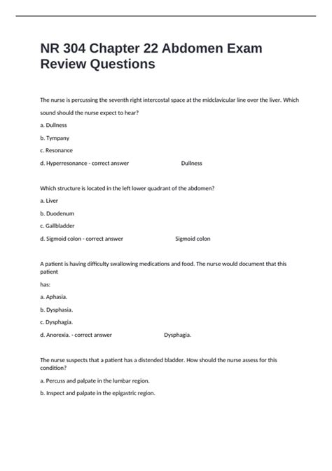 Nr 304 Chapter 22 Abdomen Exam Review Questions With Correct Actual Questions And Correctly Well