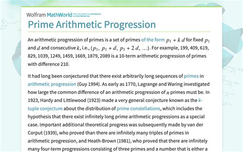 Prime Arithmetic Progression From Wolfram Mathworld